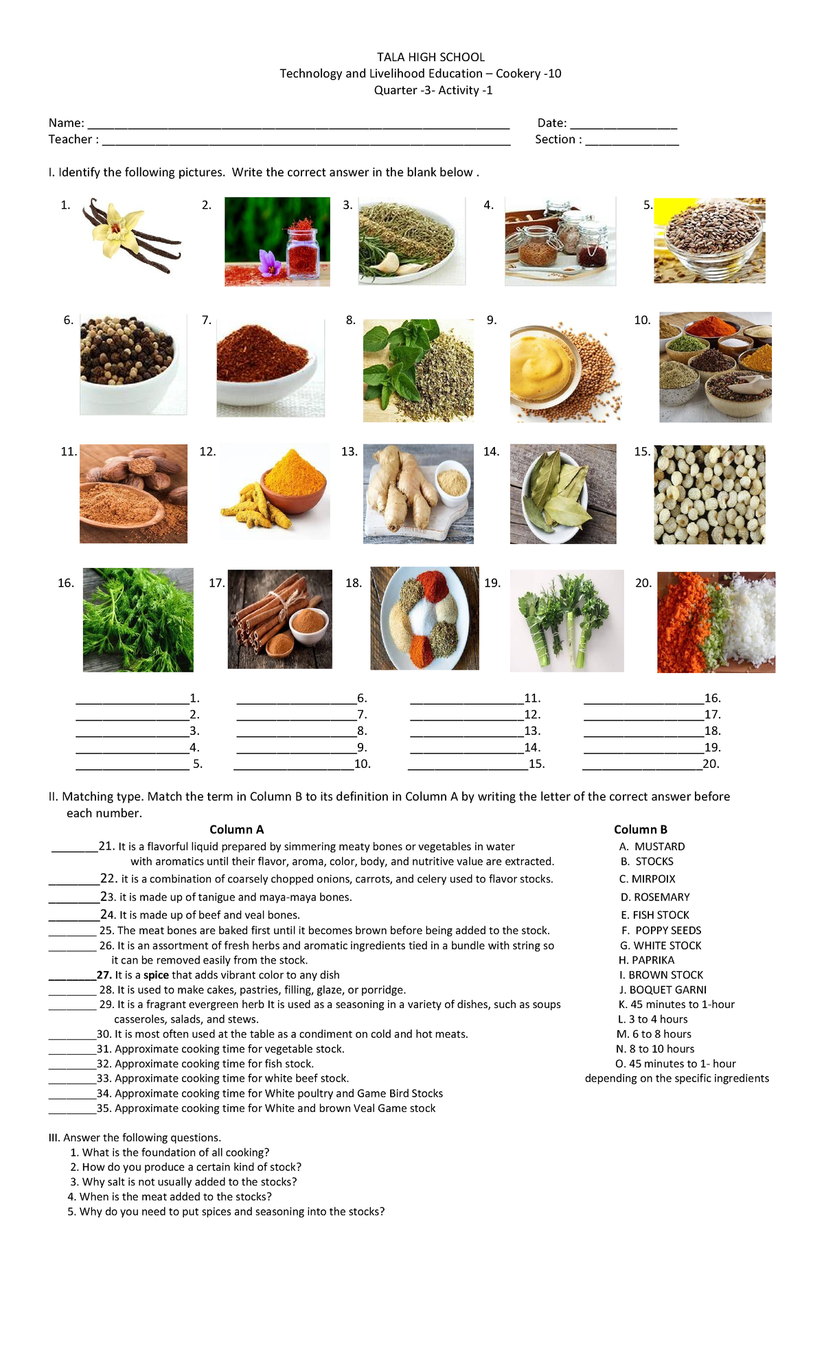 TLE-Cookery Q3W1 Activity: Identifying & Matching Key Culinary Terms ...