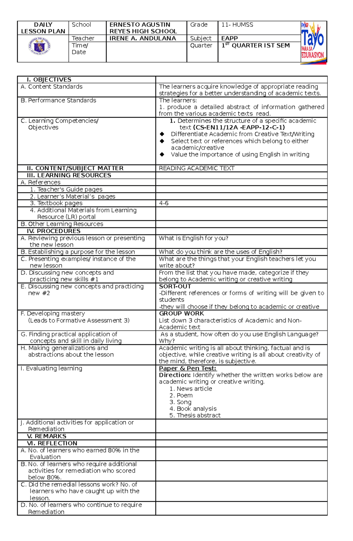 LC1 - Copy - lesson plan in eapp- English for academic and professional ...
