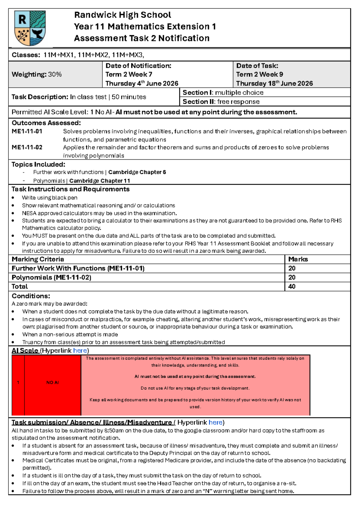 Year 11 Mathematics Extension 1 Assessment Task 2 - Studocu