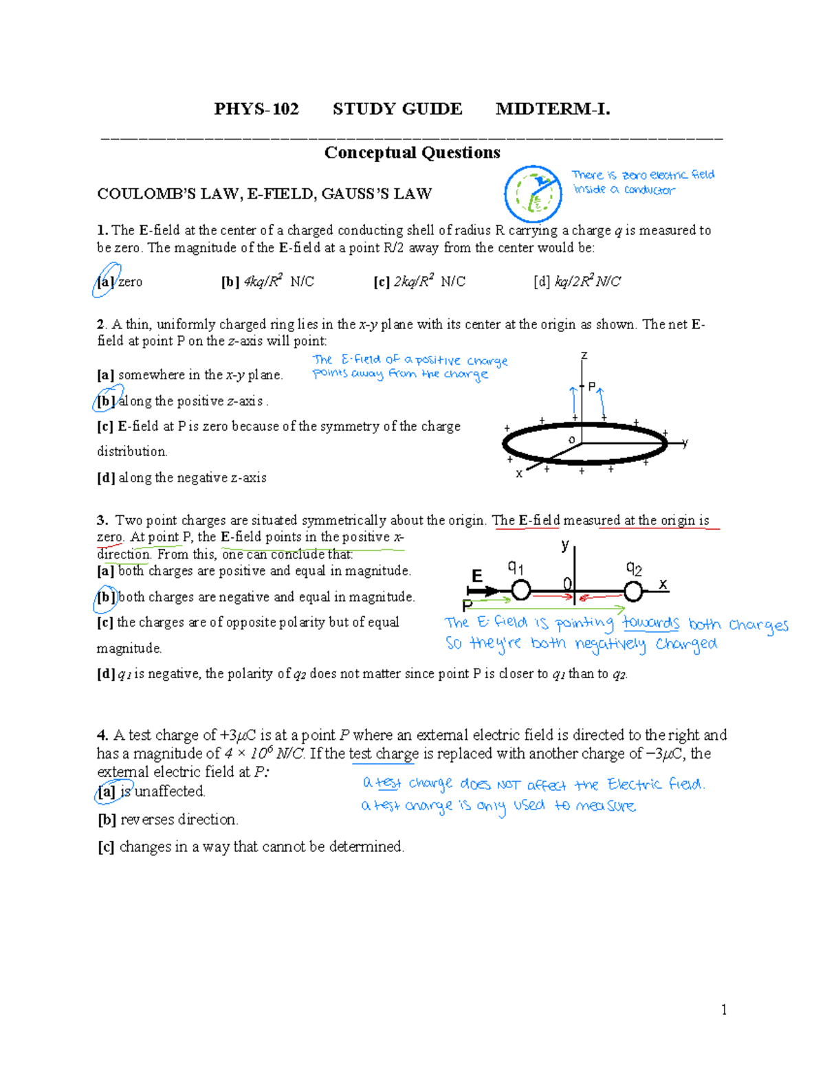 Physics Study Guide MCQs: Electric Fields and Conductors LAW - Studocu