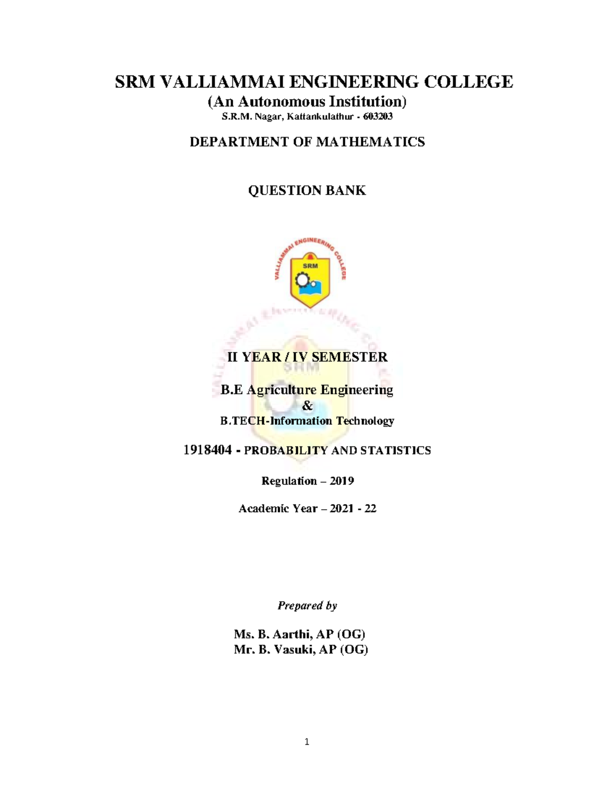 Probability and Statistics Question Bank for B.E. Agriculture ...