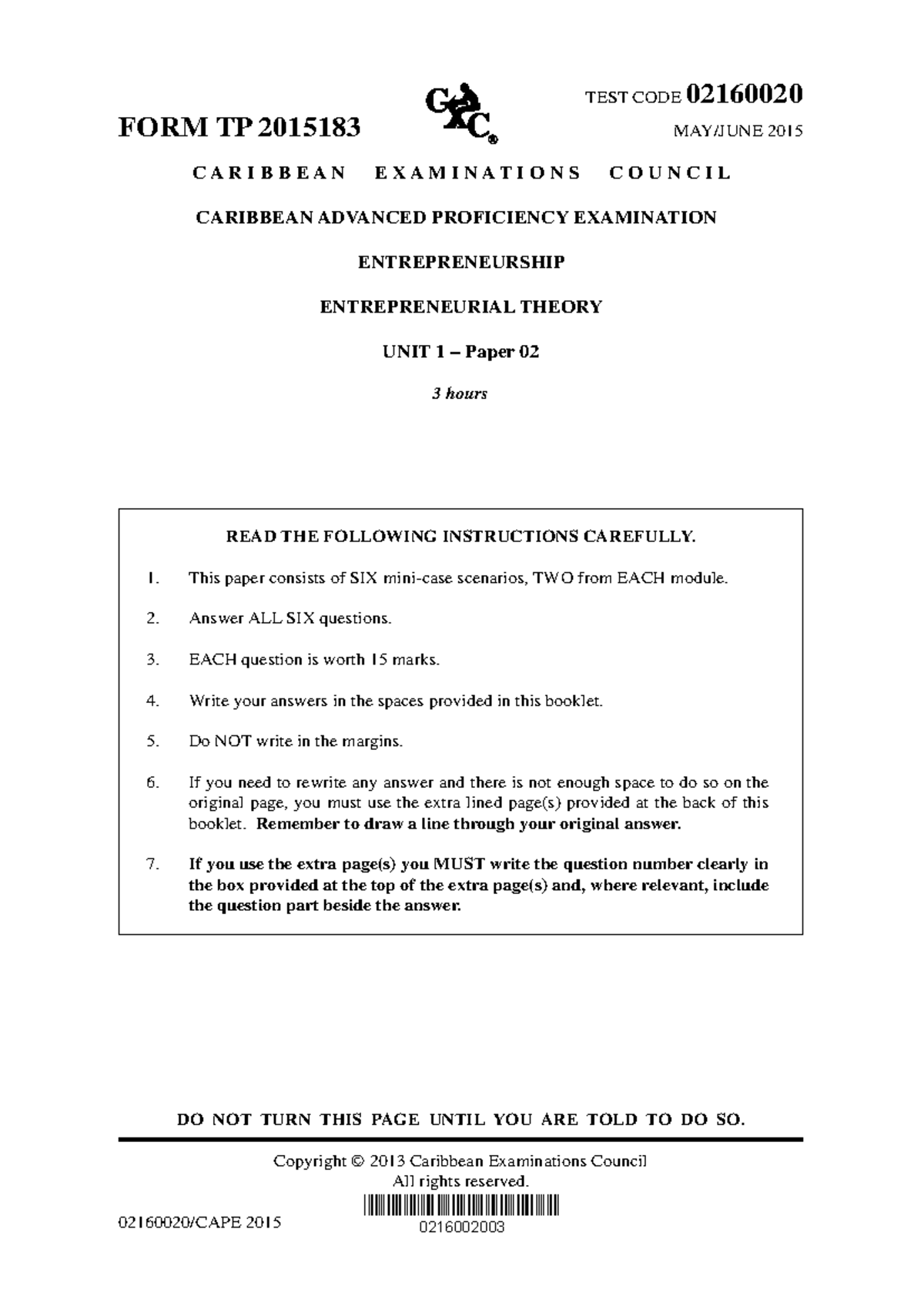 Entrepreneurship Paper 02 - CAPE 2015 Exam - Studocu