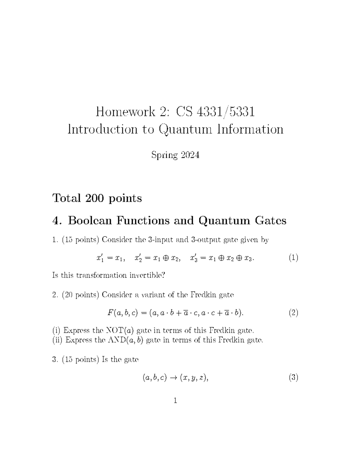 HW2: CS Quantum Information - Boolean Functions & Gates Spring 2024 ...