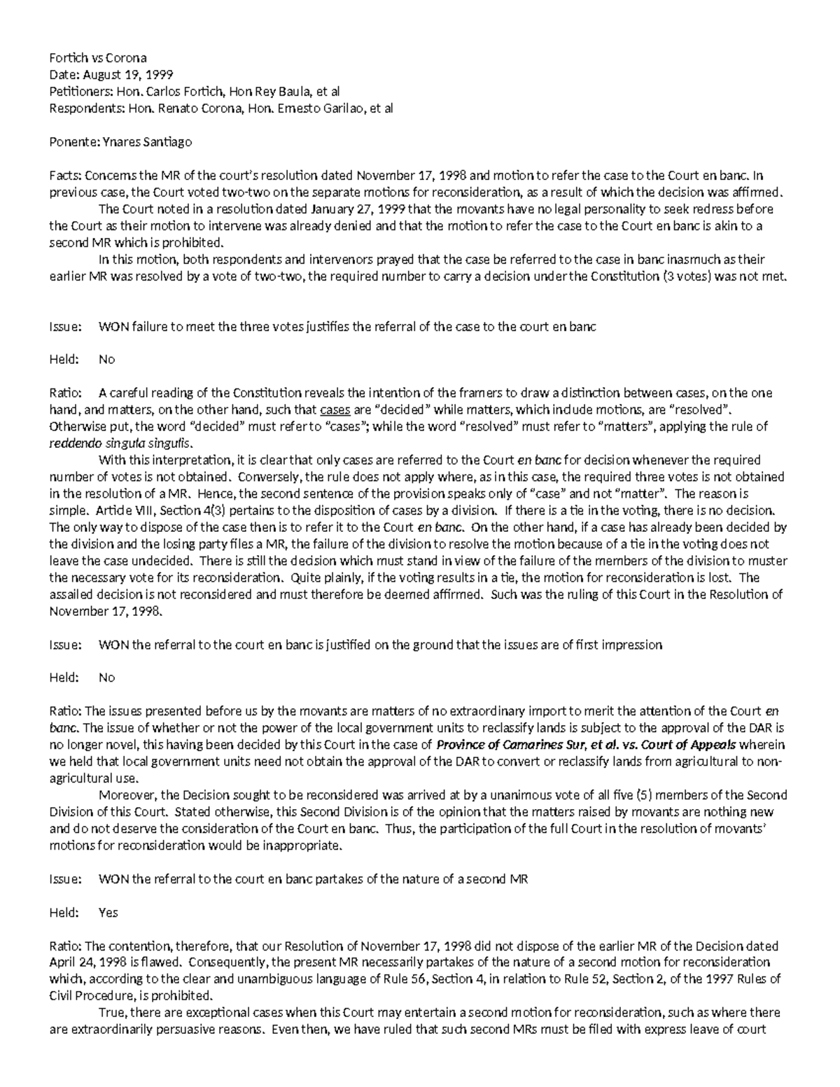 21152960 Case Study: Fortich vs Corona Analysis and Review - Studocu