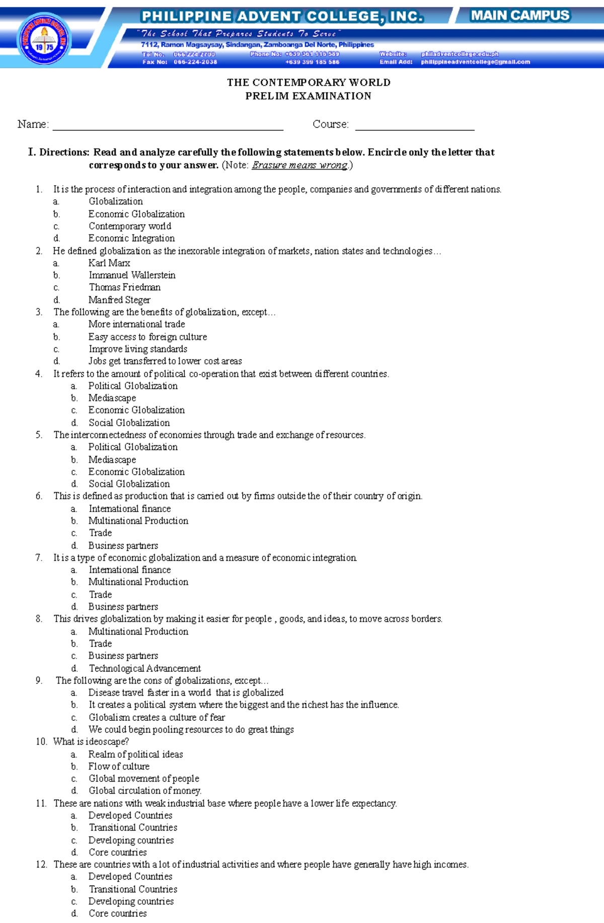 Contemporary World PRELIM EXAM: Globalization & Economic Integration ...
