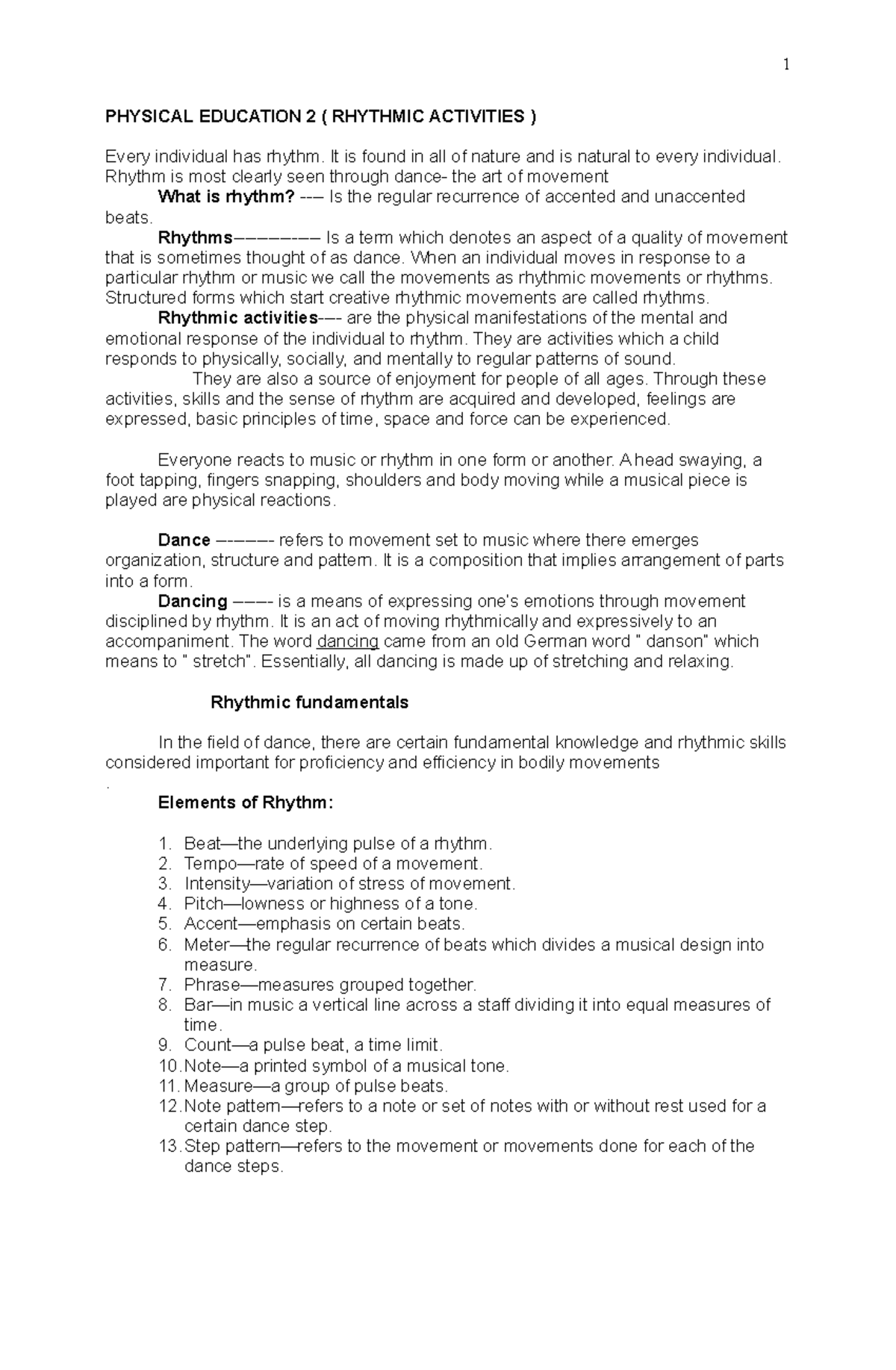 PE 2 Final Exam Notes on Rhythmic Activities and Dance - Studocu