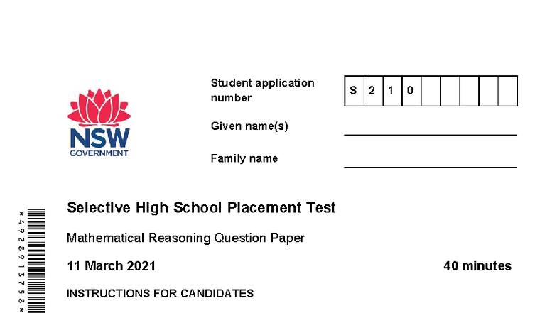 Practice Test 2021: Selective High School Placement Maths Qs (S210 ...