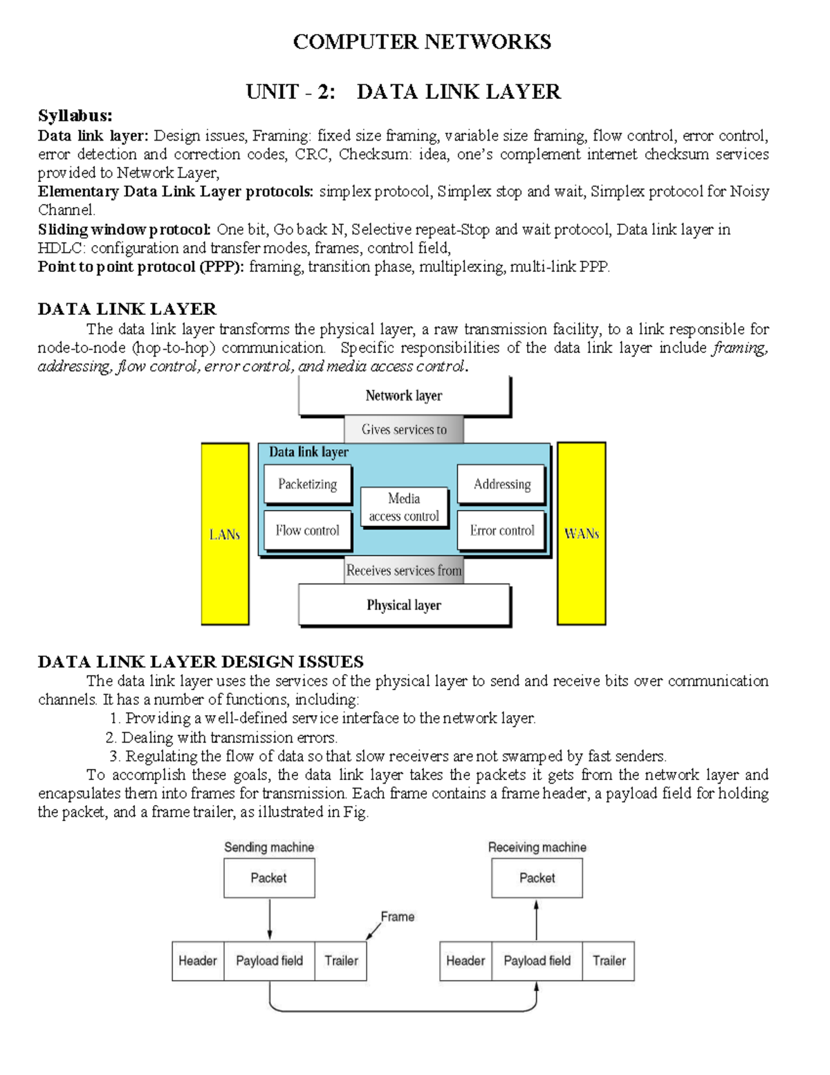 CN R20 UNIT 2 - Data Link Layer Overview and Protocols - Studocu