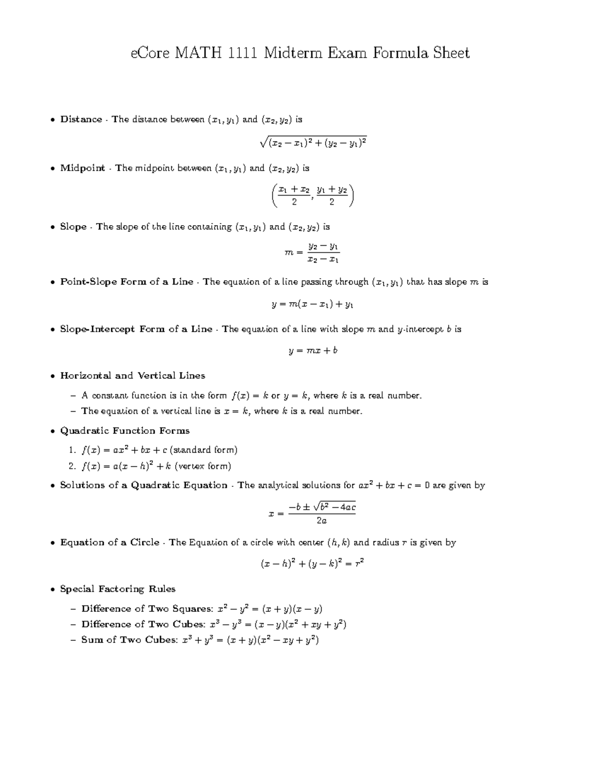 E Core MATH 1111 Midterm Exam: Essential Formula Sheet - Studocu
