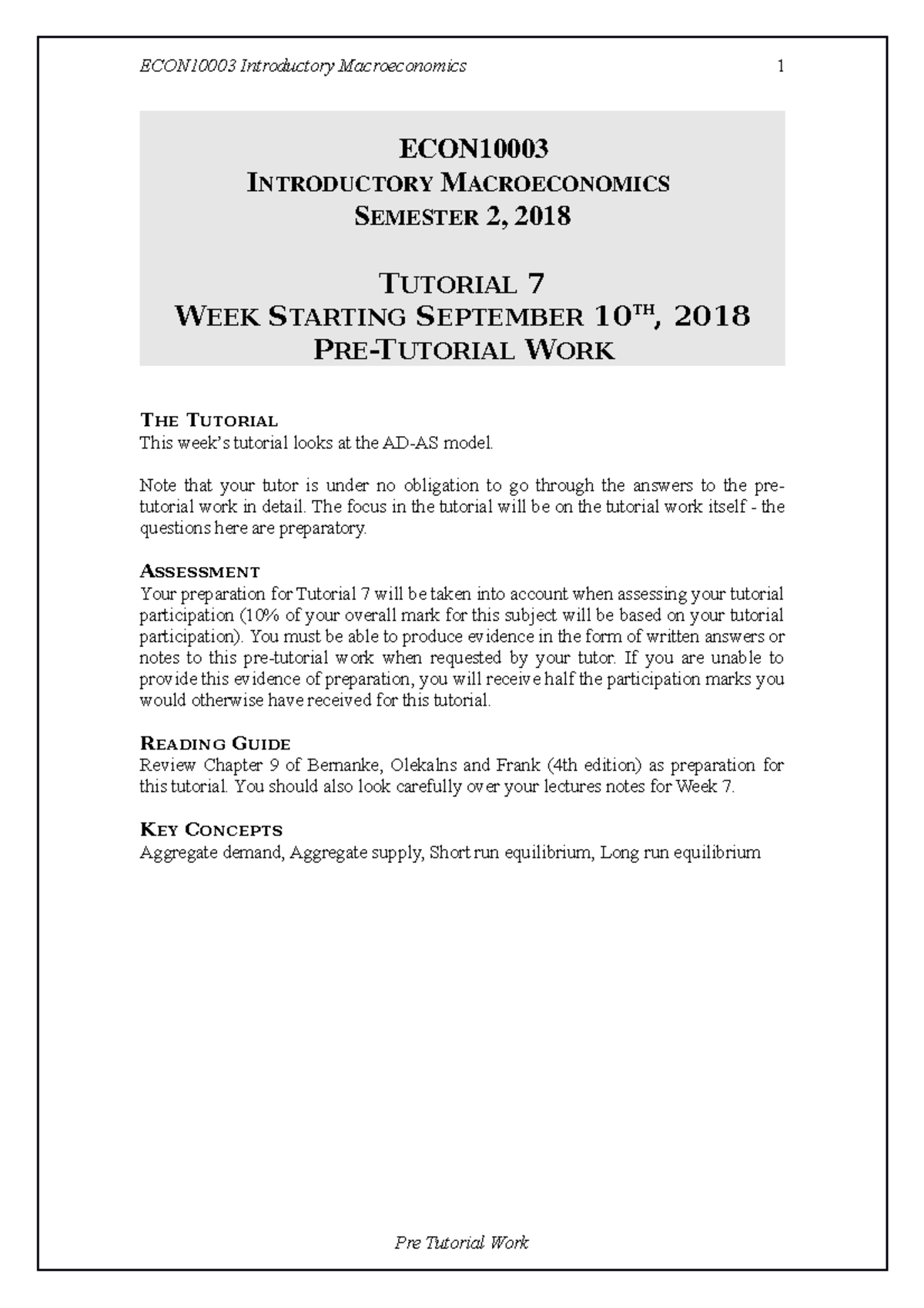 Pretutorial 7 2018 - ECON10003 Introductory Macroeconomics 1 ECON10003 ...