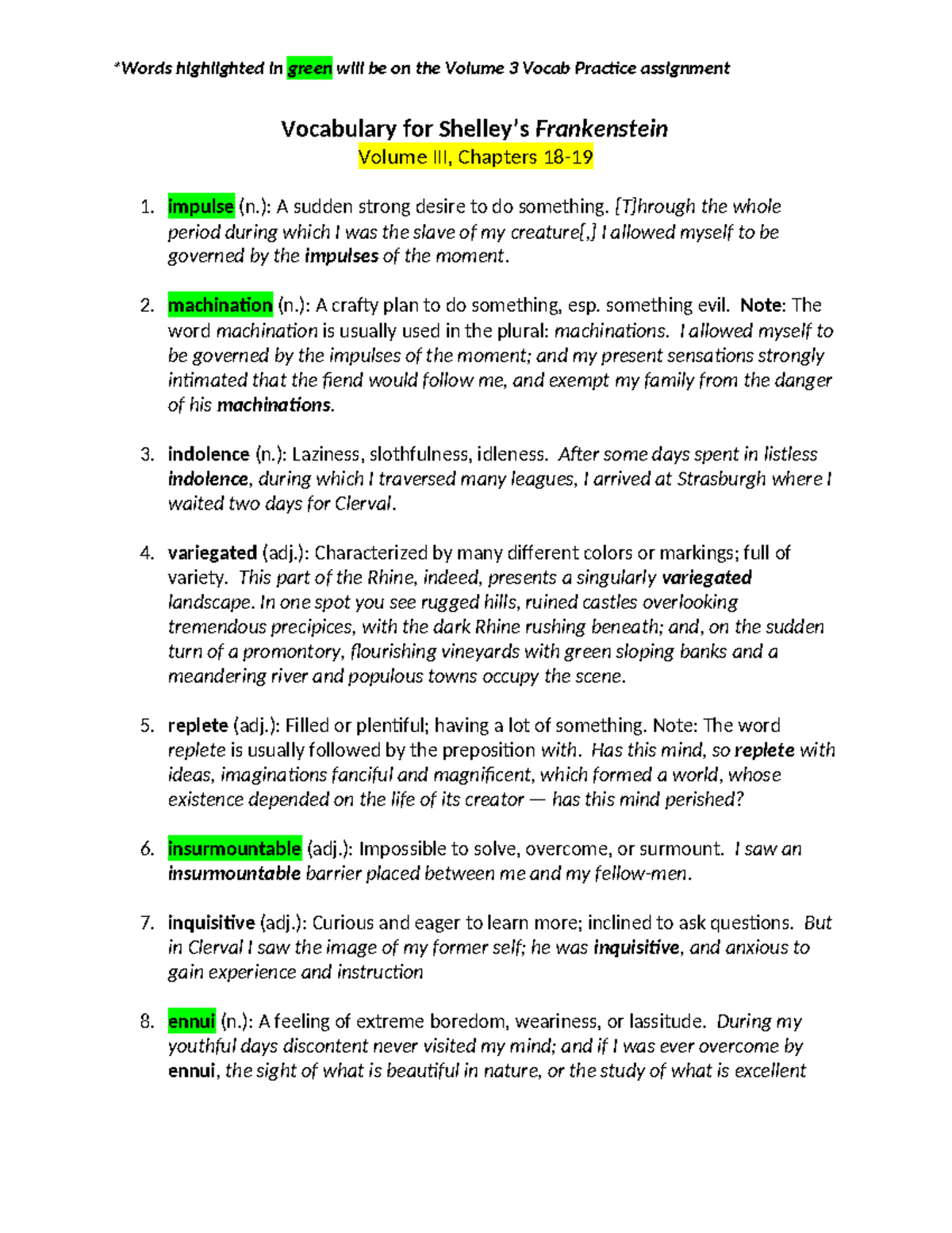 Frankenstein Volume 3 Vocab - Vocabulary for Shelley’s Frankenstein ...