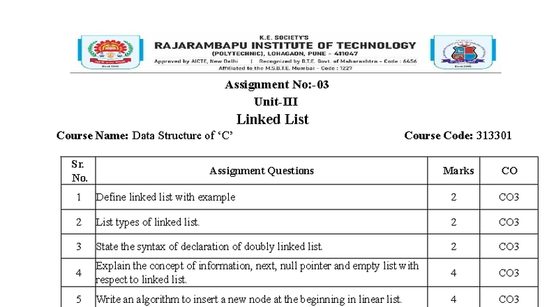 DSU Assignment 3: Linked List Concepts & Algorithms (Course Code: 313301) - Studocu