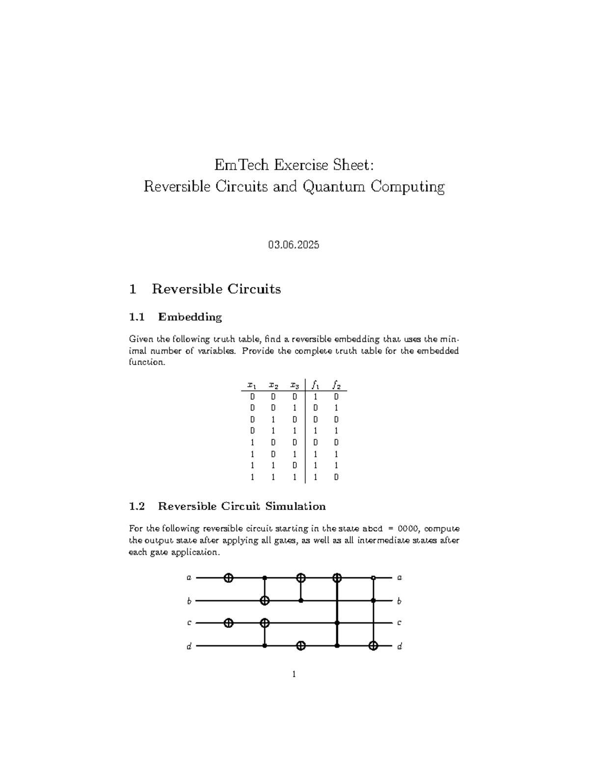 EmTech Exercise Sheet: Reversible Circuits & Quantum Computing - Studocu