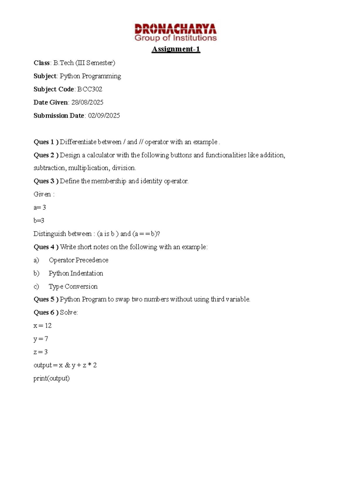 BCC302 Python Programming Assignment 1: Operators & Calculator Design ...
