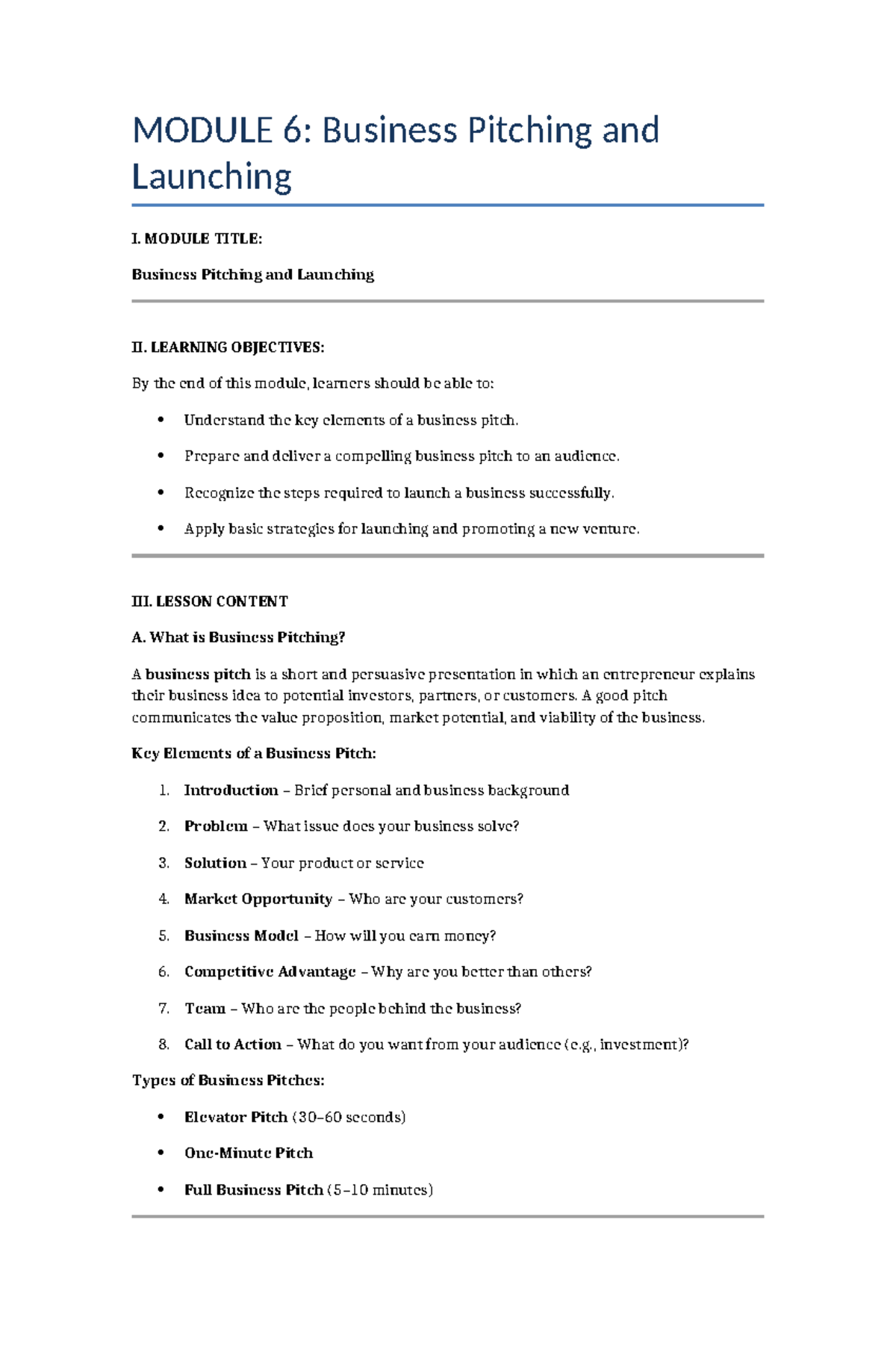 MODULE 6: Business Pitching & Launching Strategies - Studocu