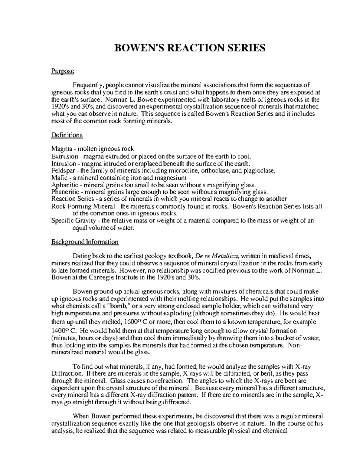 Bowen's Reaction Series: Understanding Igneous Rock Formation - Studocu