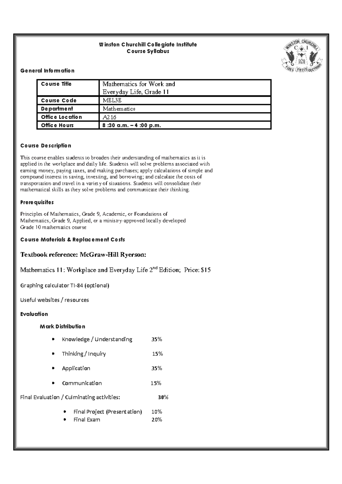 MEL3E - Grade 11 Mathematics for Work & Everyday Life Syllabus - Studocu