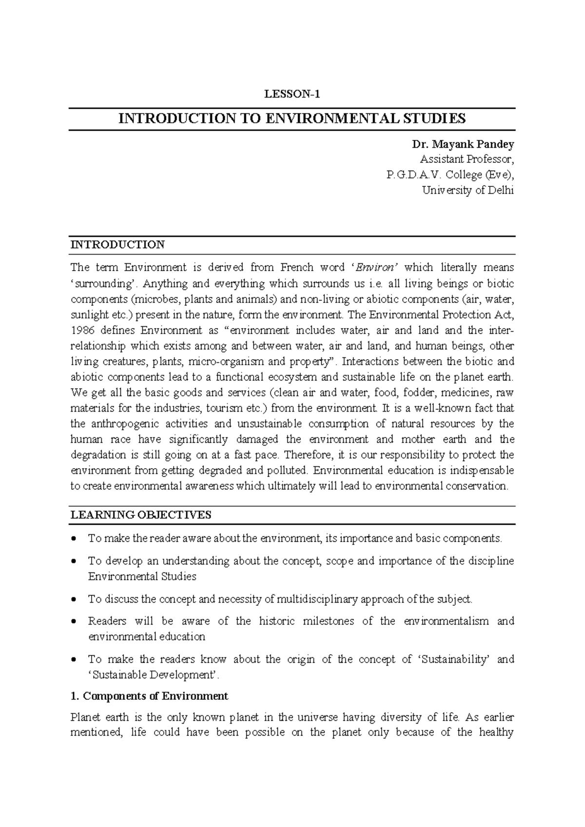 BCA-1st Sem EVS Lesson: Introduction to Environmental Studies - Studocu