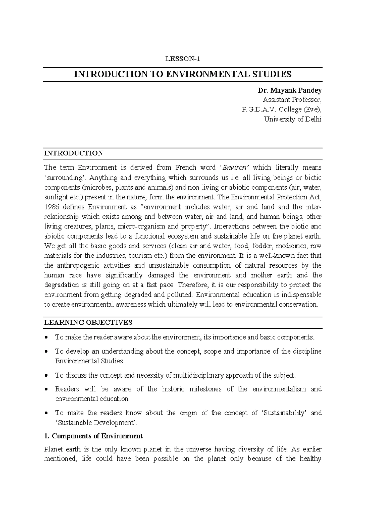 EVS-Notes-BCA - EVS notes for BCA 1st sem - LESSON- INTRODUCTION TO ...