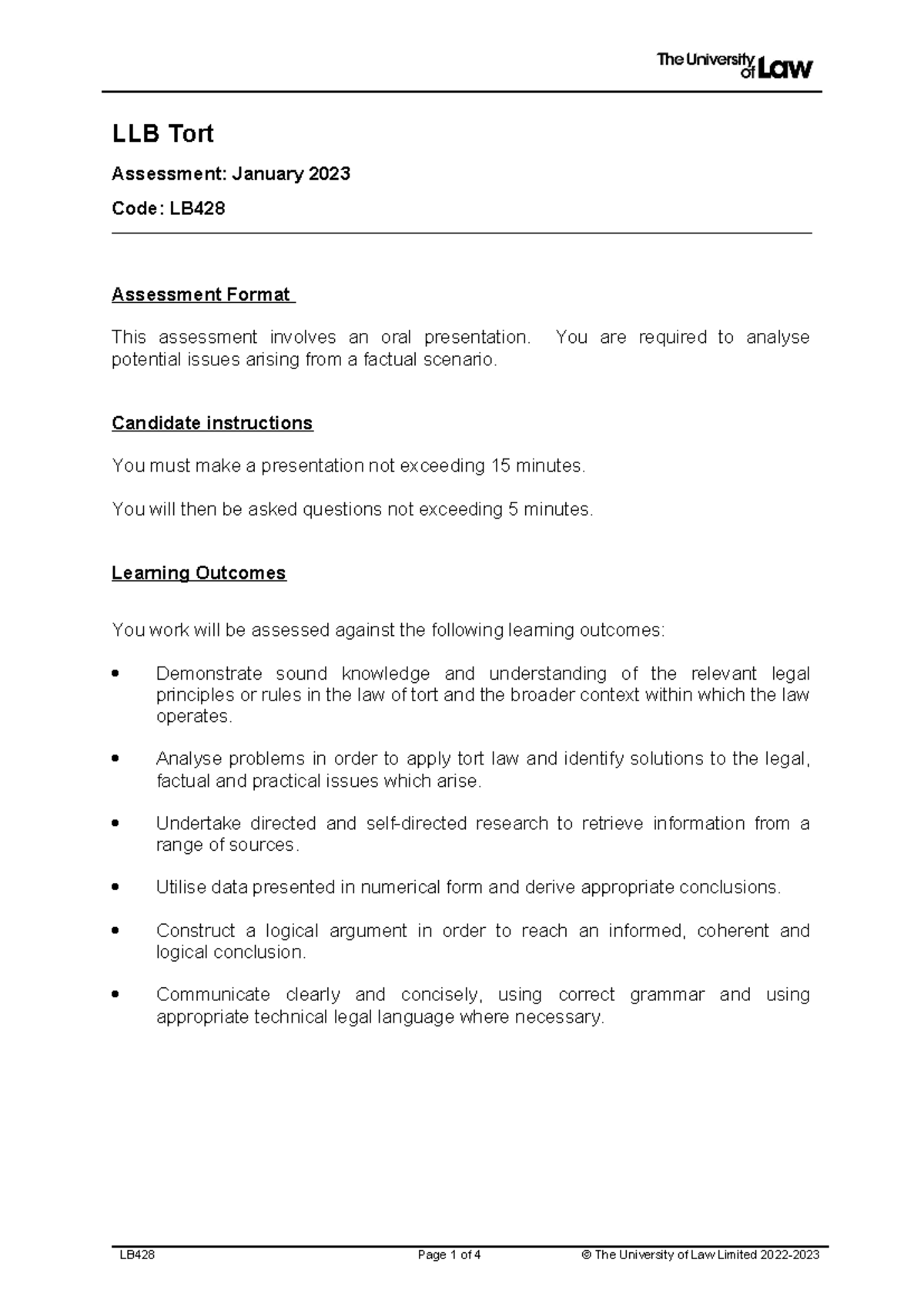 LB TORT EXAM - Oral Presentation Script for Jan 2023 Assessment - Studocu