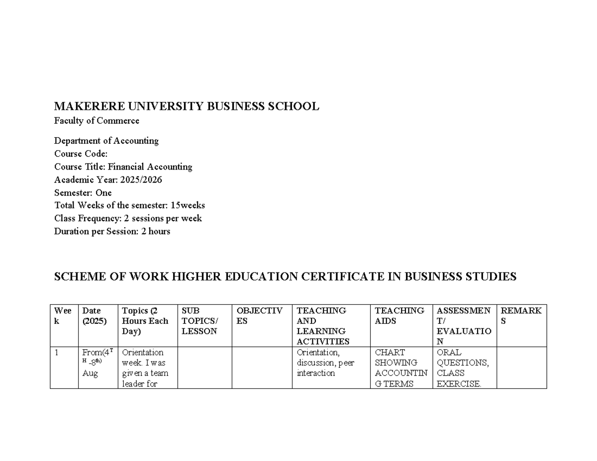 HEC 105 Financial Accounting Course Schedule and Scheme of Work - Studocu