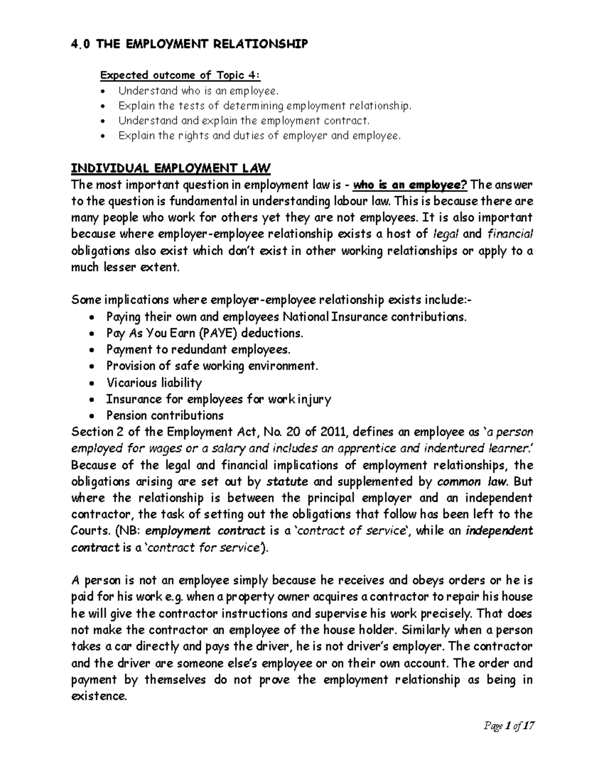 Labour Law - Topic 4: Understanding the Employment Relationship - Studocu
