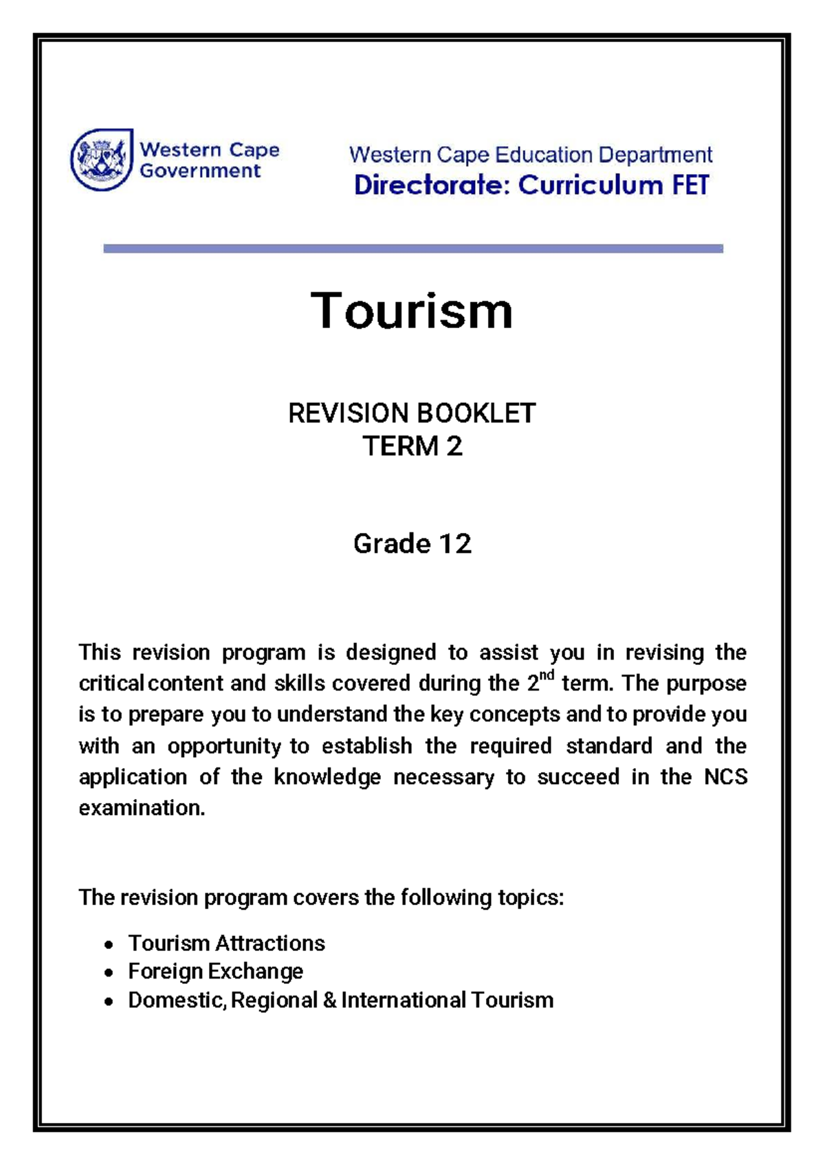 ENG 12 Tourism Term 2 Revision Booklet for NCS Exam Preparation - Studocu