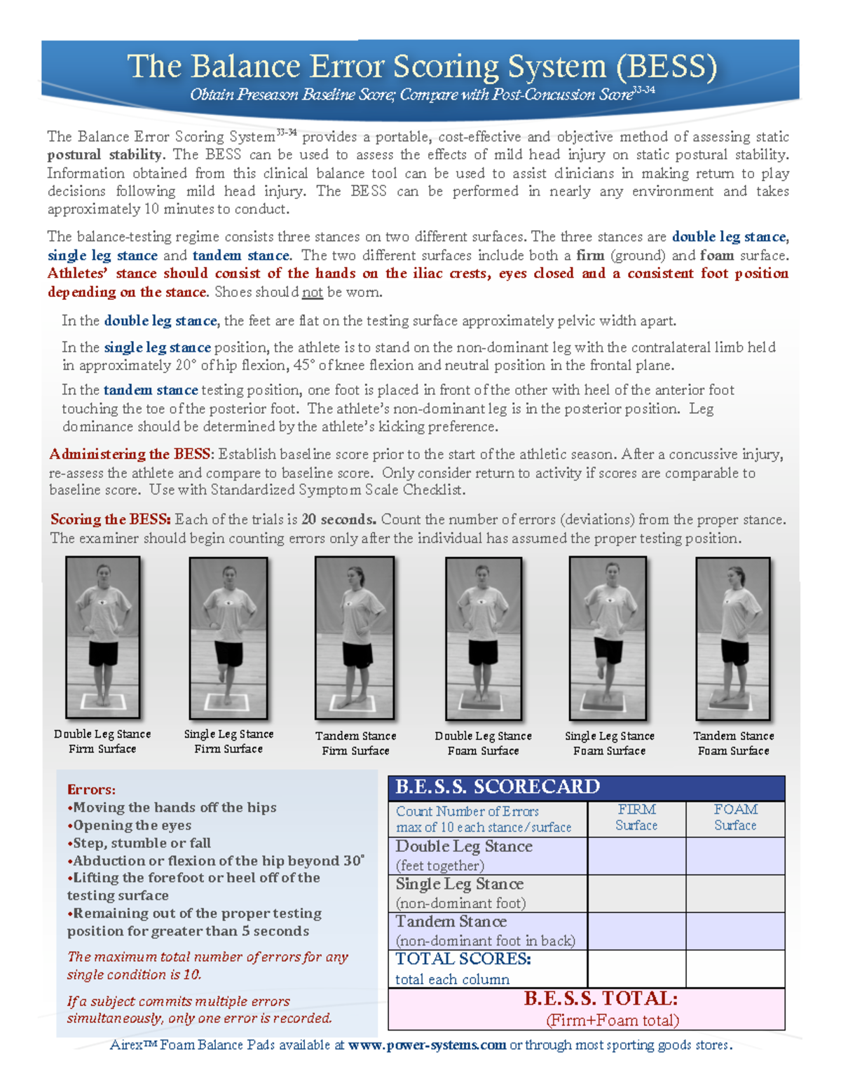 Balance Error Scoring System (BESS) - The BESS can be used to assess ...