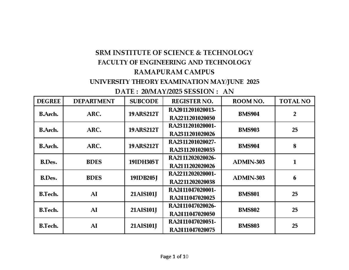SRM IST B.Arch & B.Tech Theory Exam 2025 - Room Allocations - Studocu