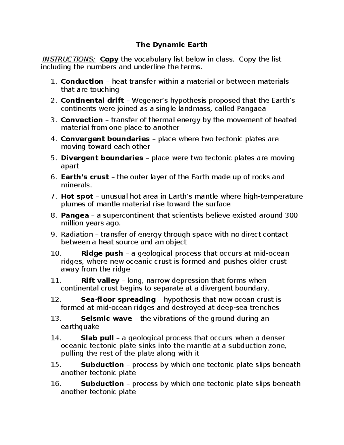 The Dynamic Earth Vocabulary List for Class - Studocu