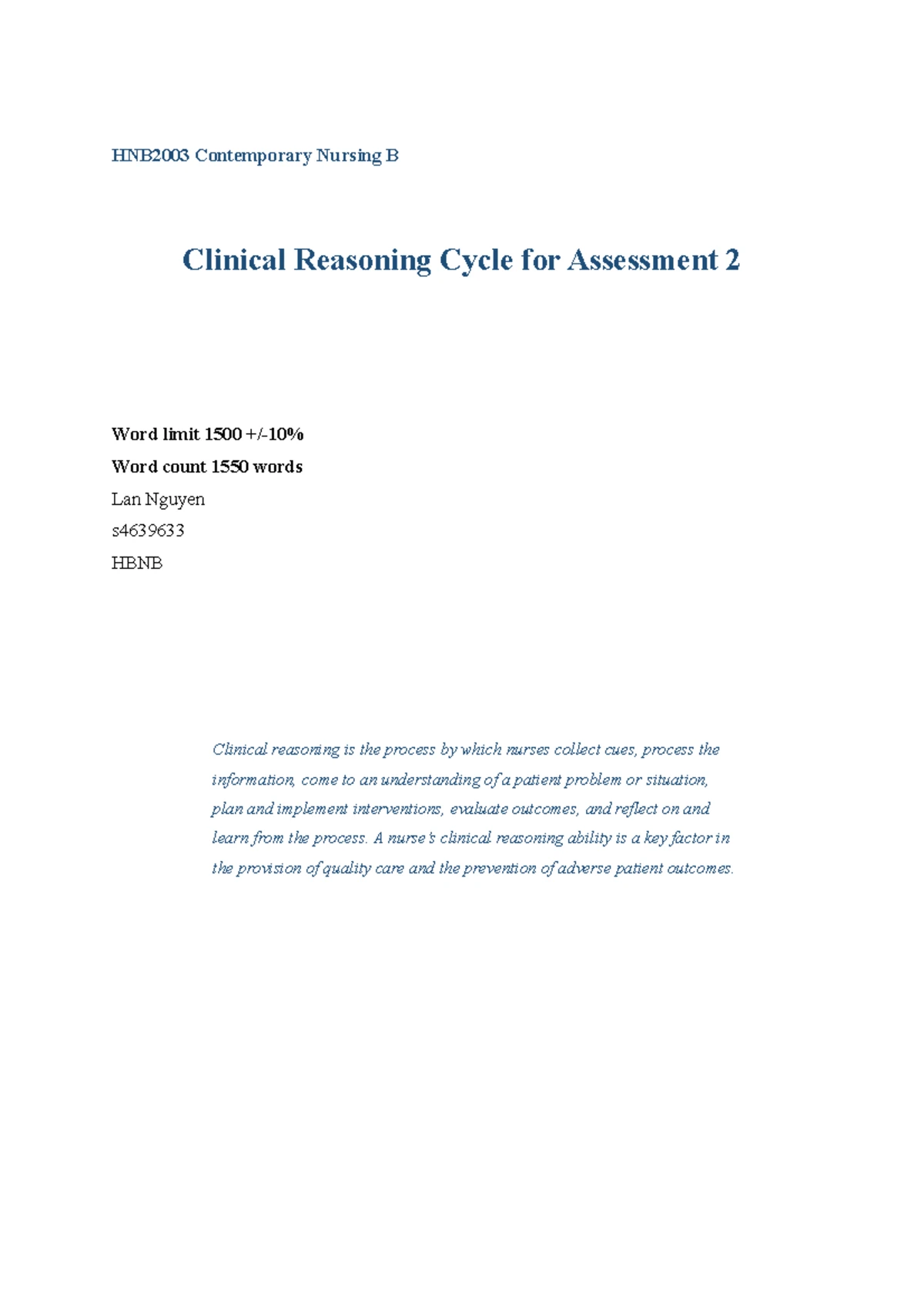 Clinical reasoning cycle example - Stages of the clinical reasoning ...