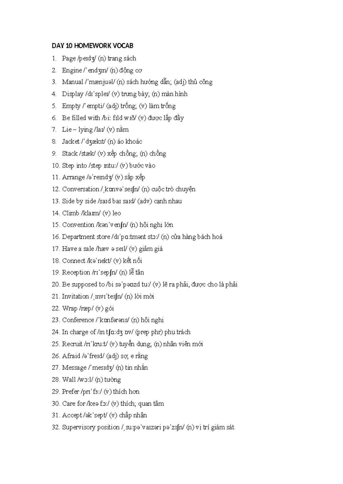 DAY 10 Homework Vocabulary List - Studocu