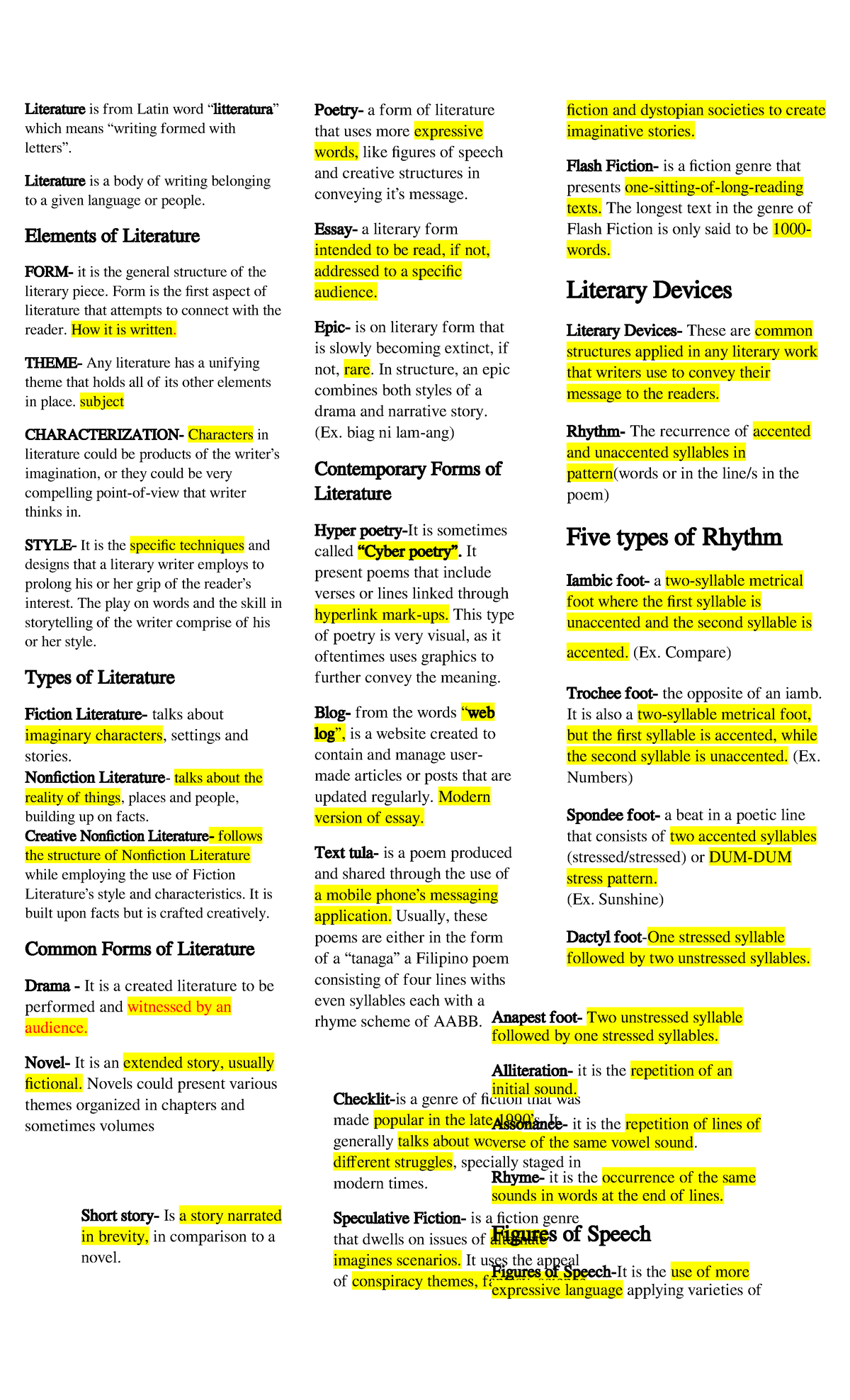 Literature Overview: Key Elements and Forms (ENG 101) - Studocu