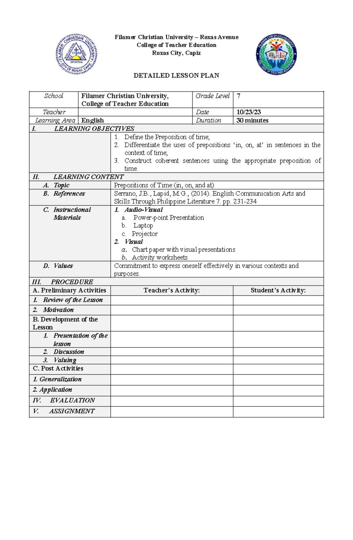 Detailed Lesson Plan on Prepositions of Time for Grade 7 - English ...