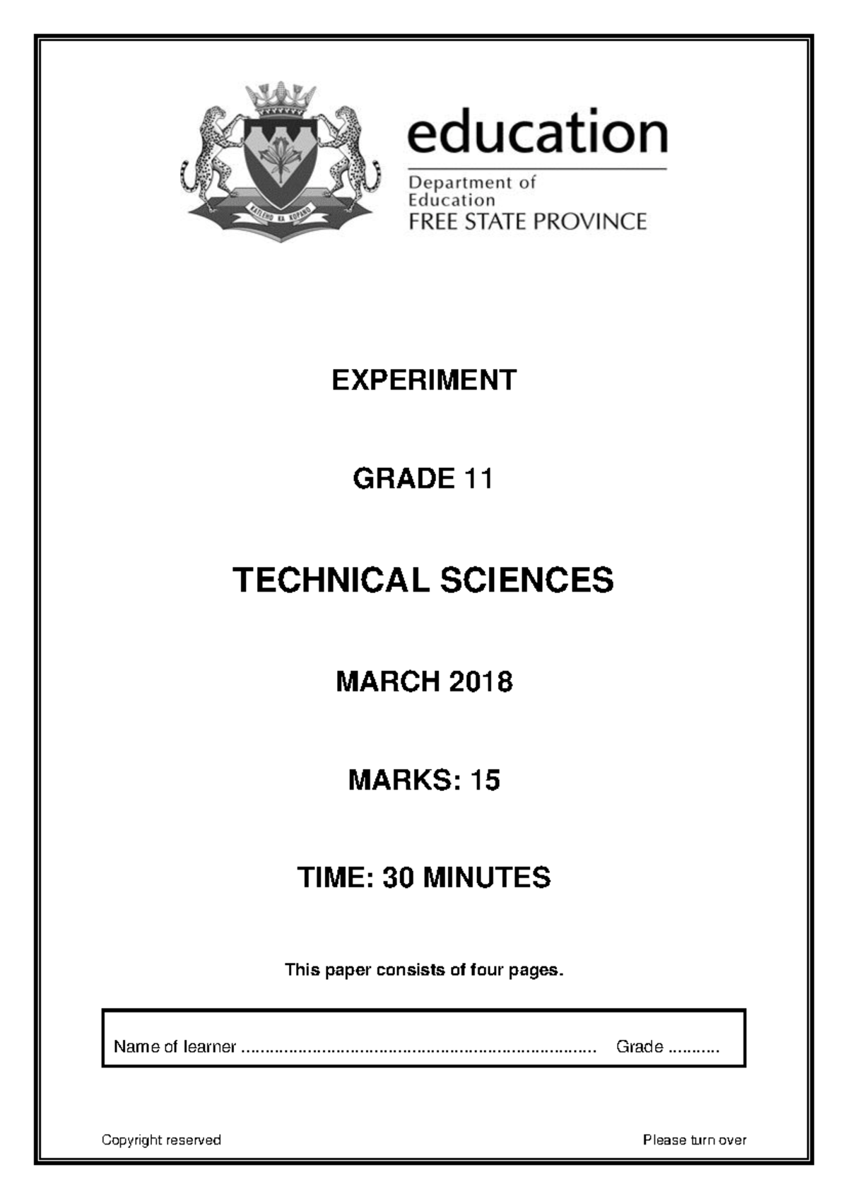2018 FS Tec Sci Gr 11 March Experiment Paper - Marks: 15, Time: 30 Min ...