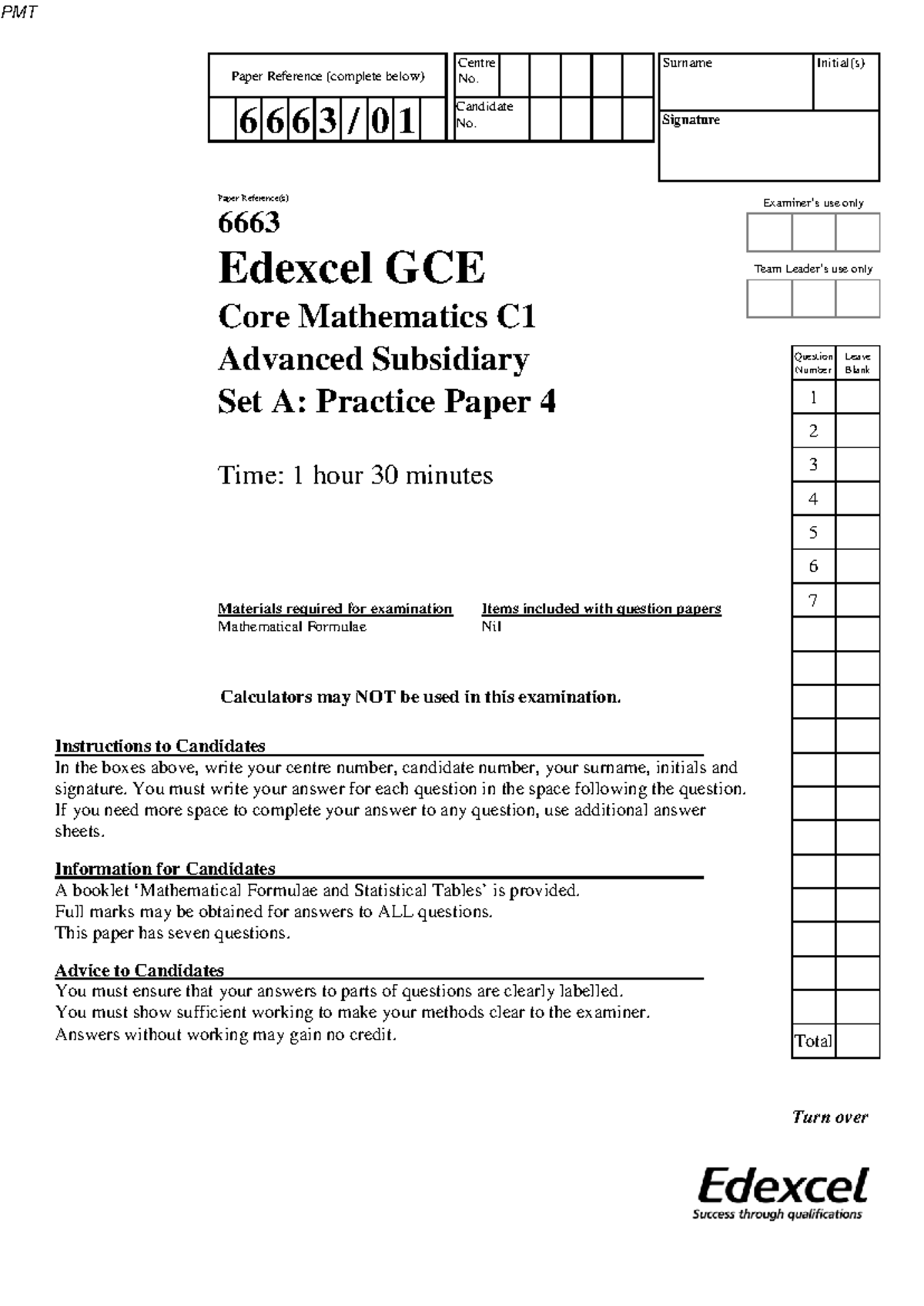 Practice Paper 4 - Edexcel GCE Core Mathematics C1 Exam QP - Studocu