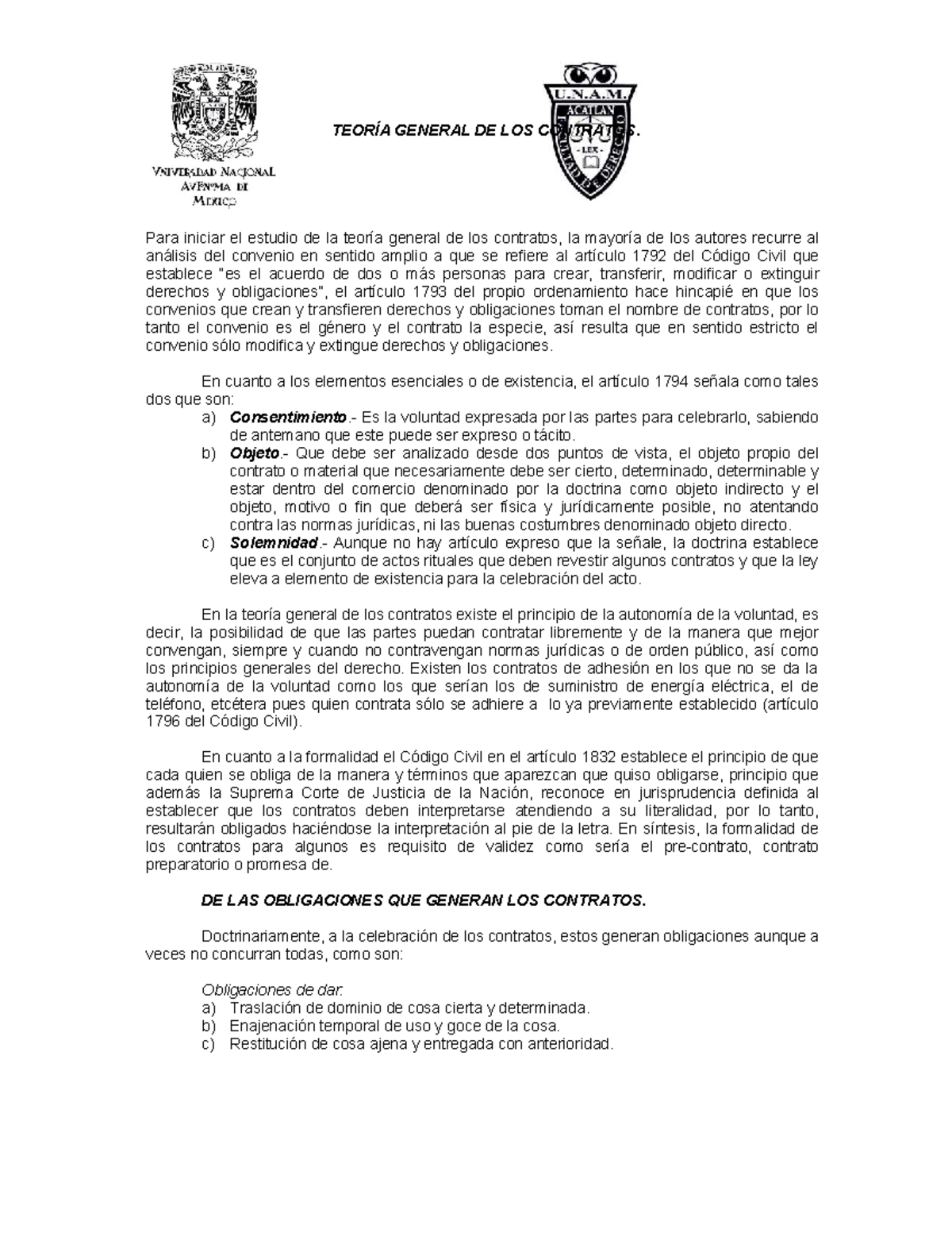 TEORÍA GENERAL DE LOS CONTRATOS CIVILES: ELEMENTOS Y OBLIGACIONES - Studocu