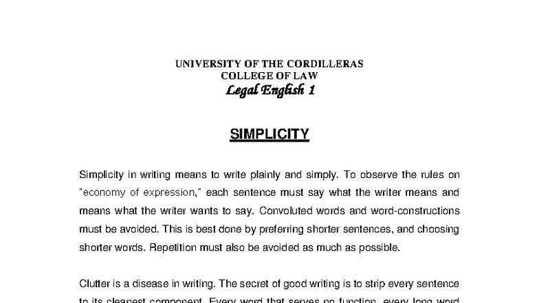 Legal English 1: Emphasizing Simplicity in Writing - Studocu