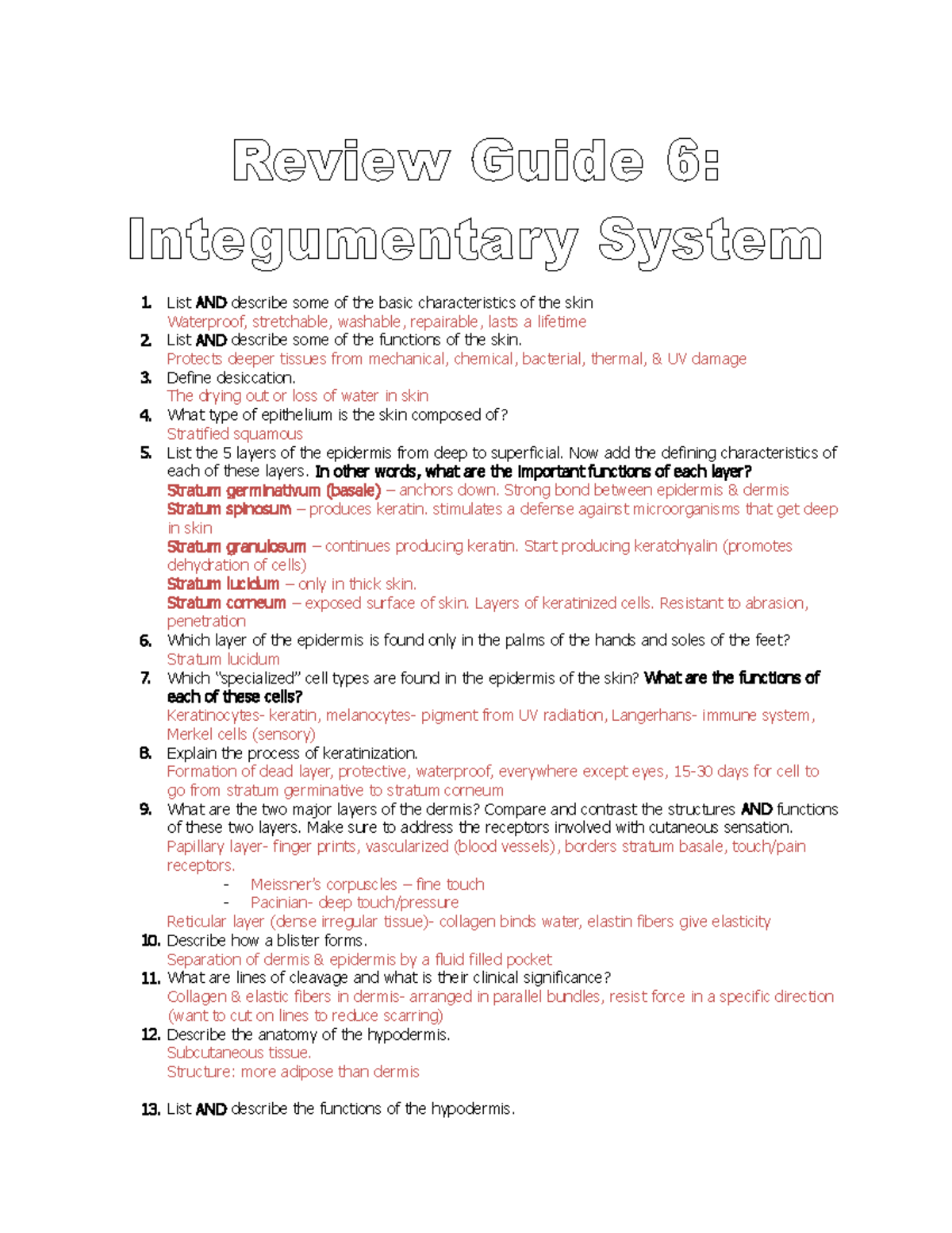 Integumentary System Study Guide (BIO 101) - Key Concepts and Functions ...