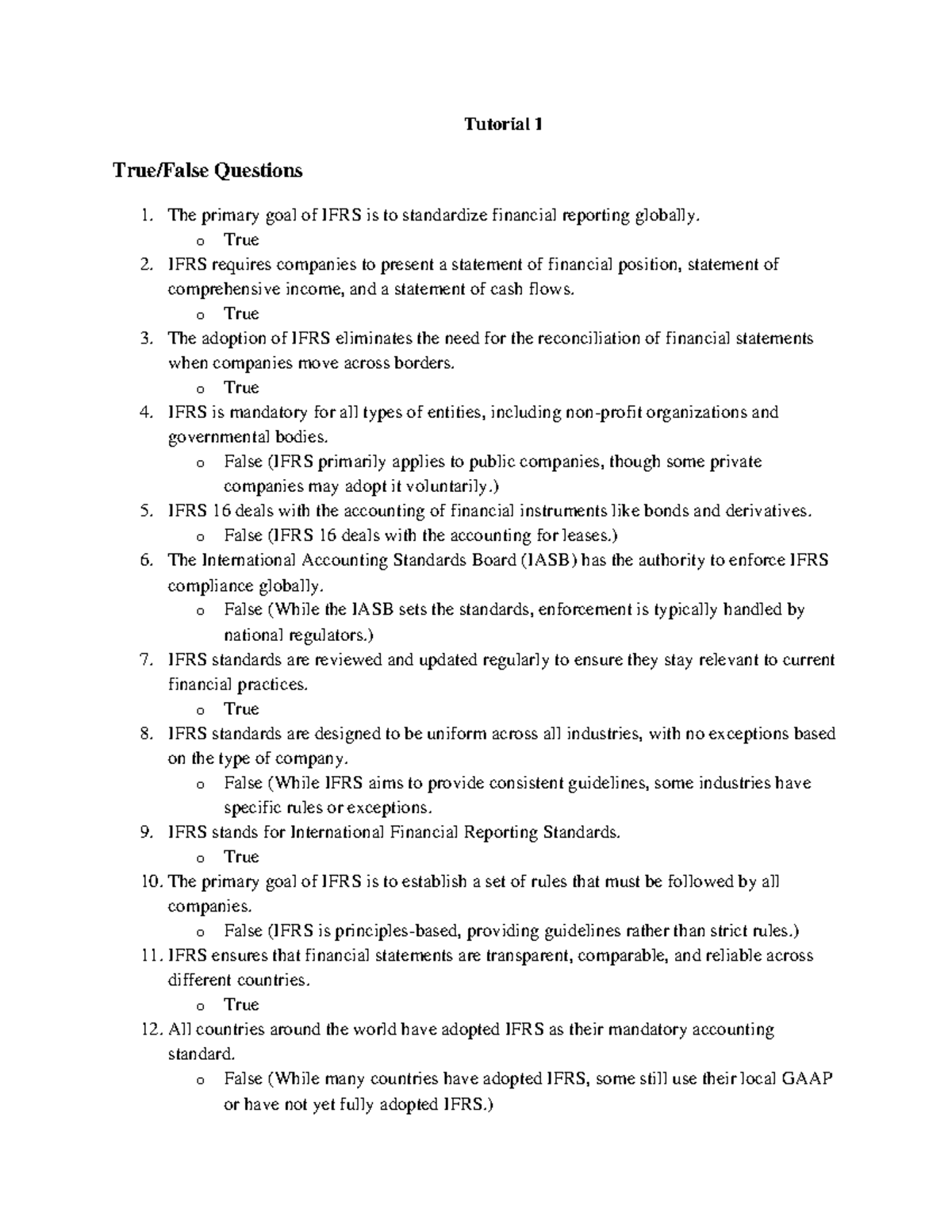 IFRS Tutorial 1: Key Concepts and Multiple Choice Questions - Studocu