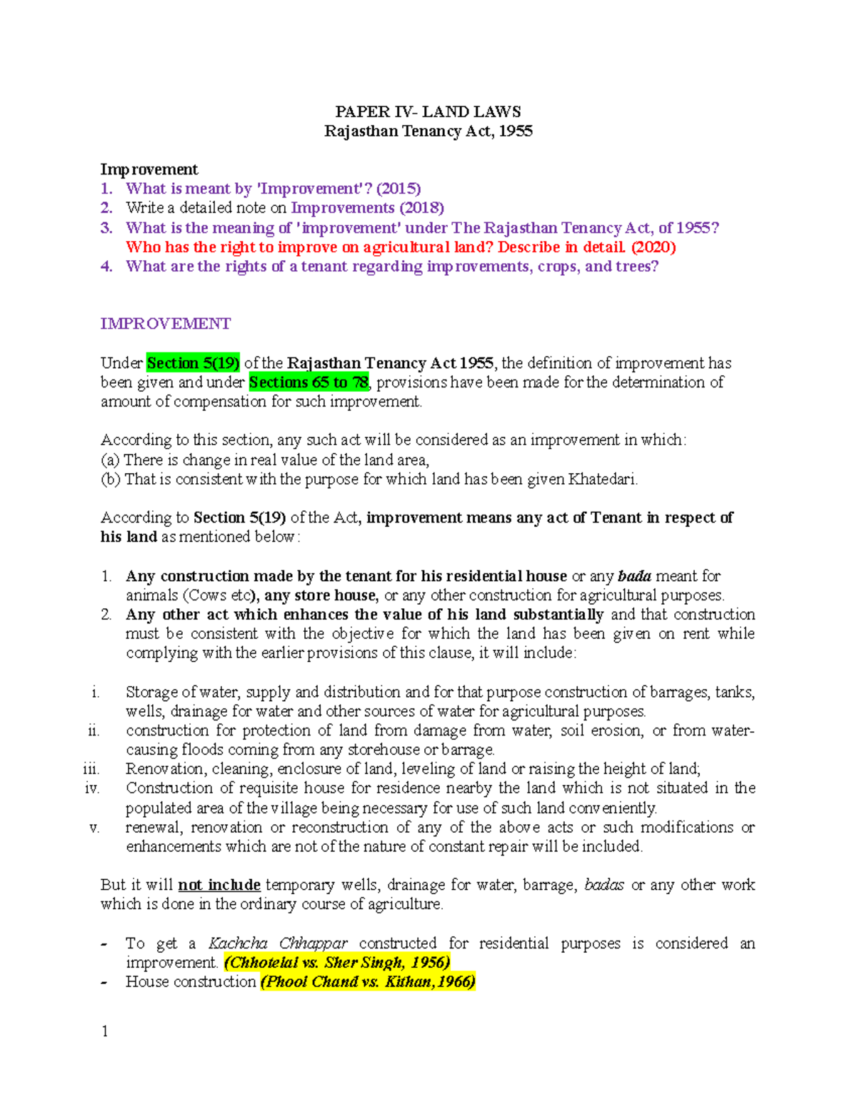 Land Improvement and Tenant Rights Under Rajasthan Tenancy Act 1955 ...