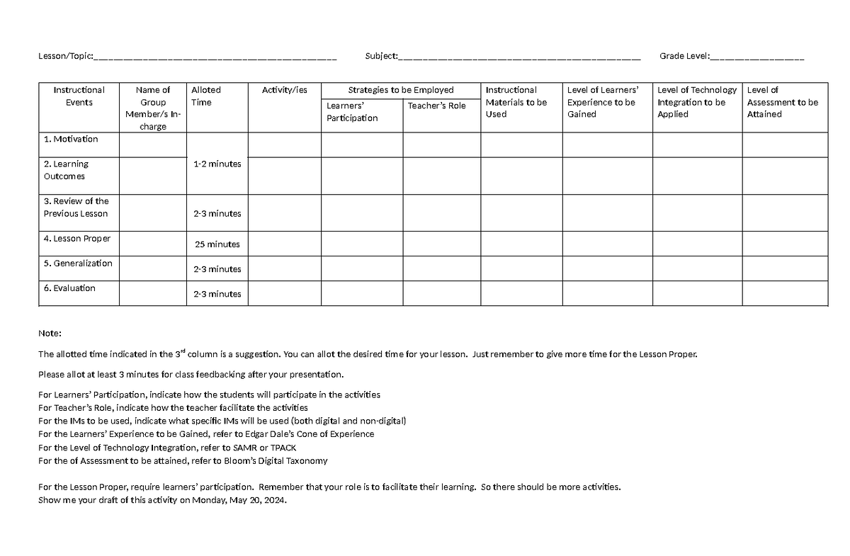 EDUC 101: Demo Teaching Matrix Lesson Plan Template - Studocu