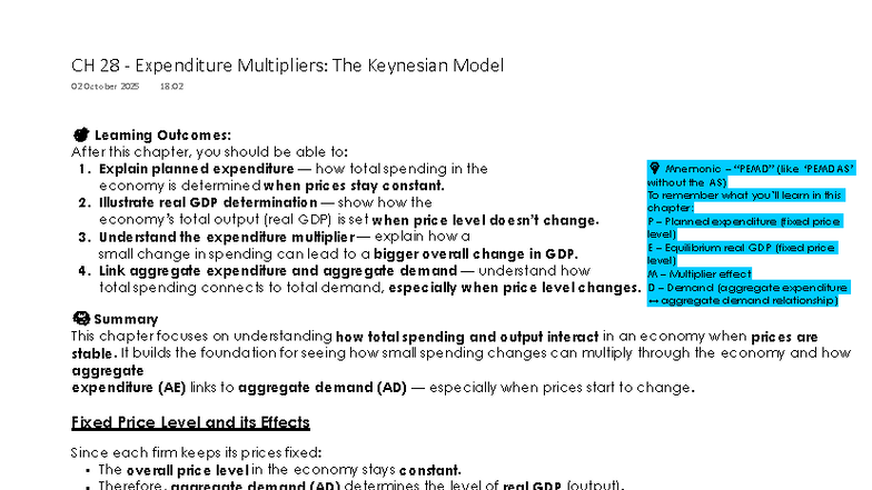CH 28 - Expenditure Multipliers The Keynesian Model - Learning Outcomes ...