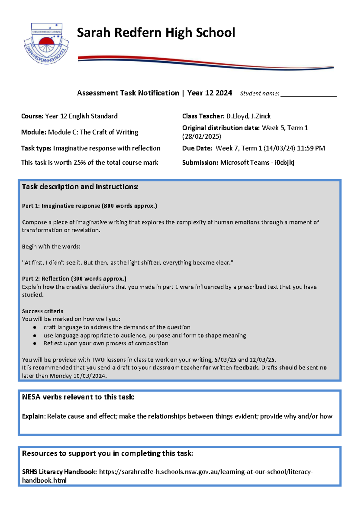 2025 Year 12 English Standard Task 2 Mainstream - Sarah Redfern High School Assessment Task ...
