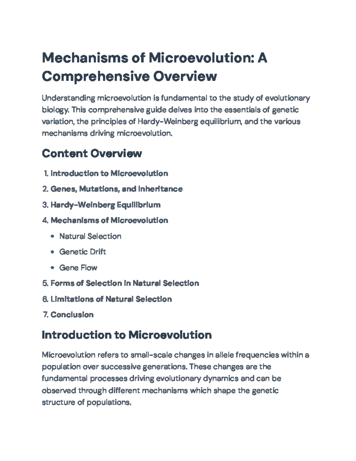 Mechanisms of Microevolution: Overview for BIO101 Final Exam - Studocu