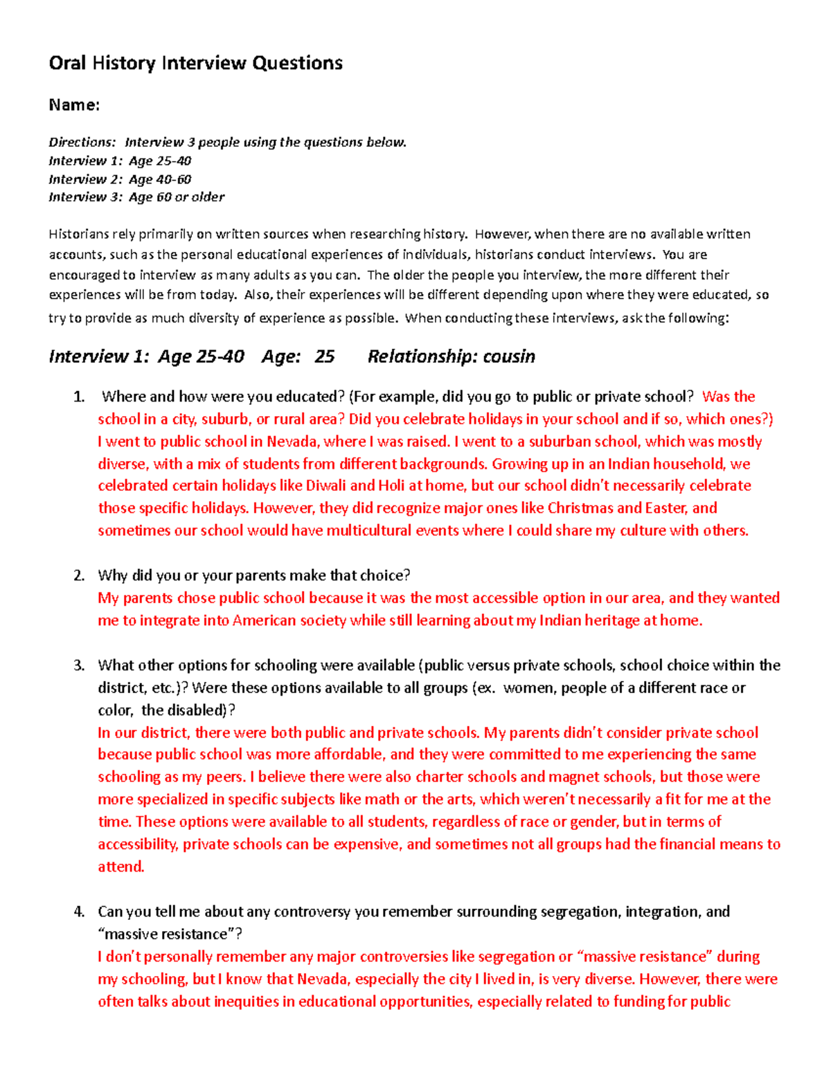 Copy of Oral History Interview - Oral History Interview Questions Name ...