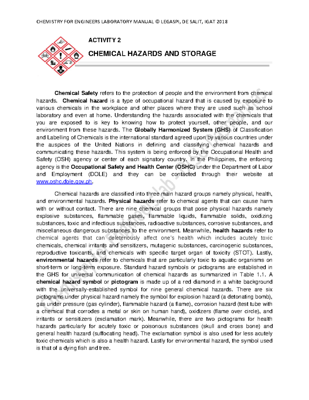 CHEM 101 LAB MANUAL: Activity 2 - Chemical Hazards & Storage - Studocu