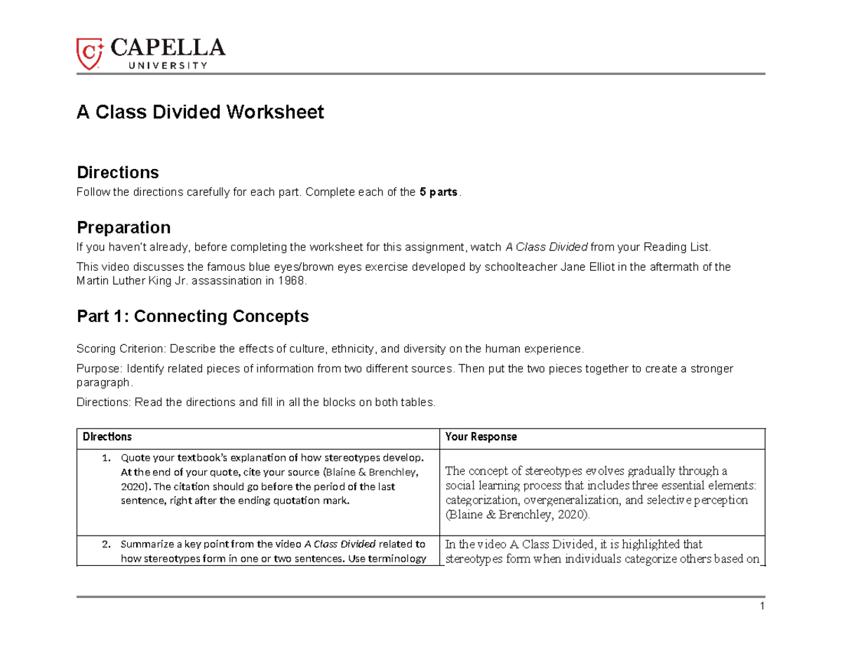 A Class Divided Worksheet: Understanding Stereotypes and Communication ...