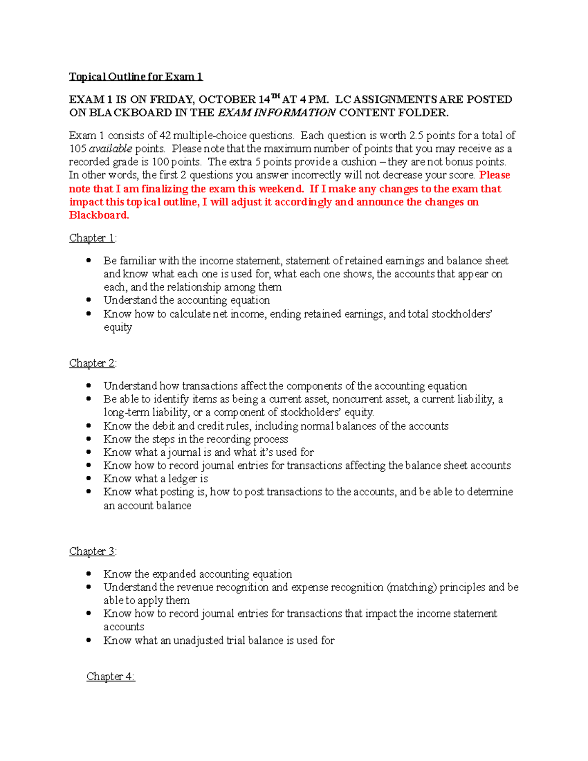 Topical Outline for Exam 1 - LC ASSIGNMENTS ARE POSTED ON BLACKBOARD IN ...