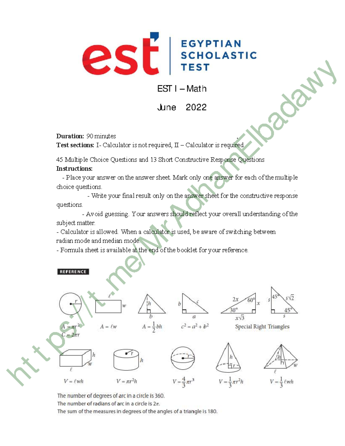 EST I Math June 2022 Test: Calculator Required & Not Required Sections ...